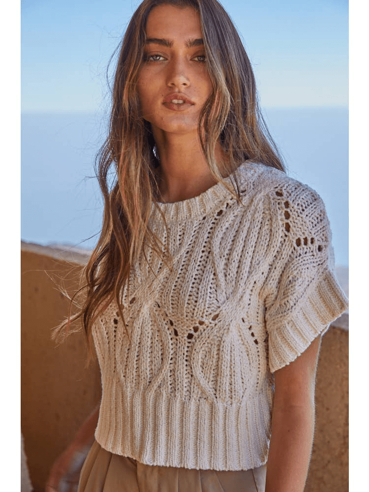 Knit Sweater Crochet Round Neck Short Sleeve Top – Olive Tree at the ...